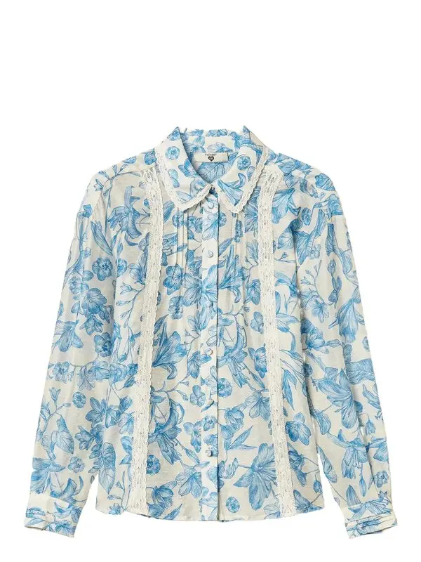 TWINSET Floral Print Lace Trim Button-up Shirt - White