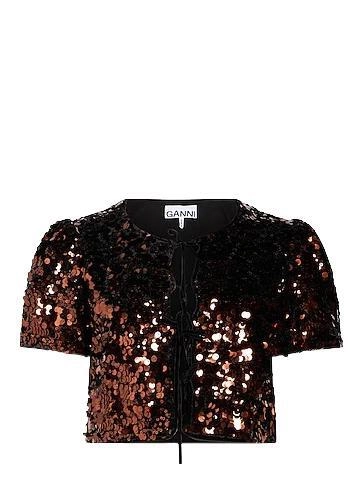 GANNI Short Sleeve Sequin Top With Tie Detail - Black