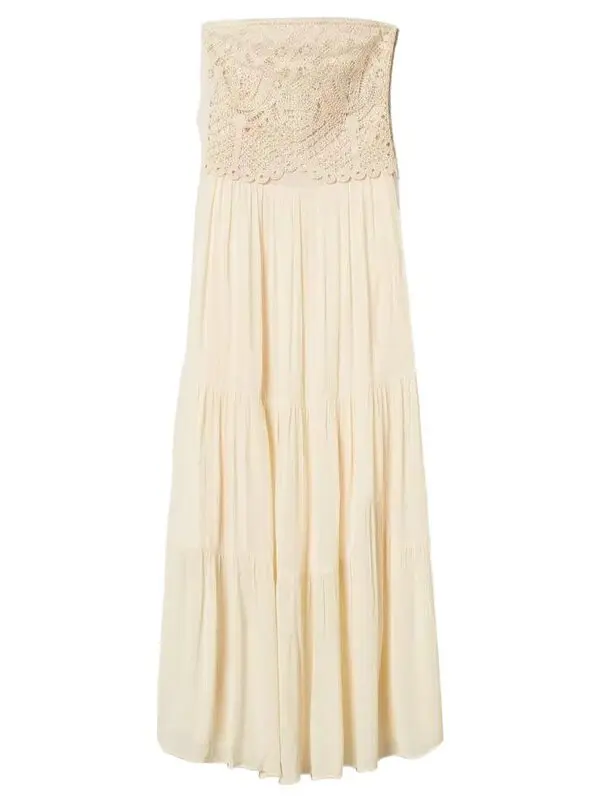 TWINSET Crocheted Cotton Maxi Dress With Ruffled Skirt - Nude