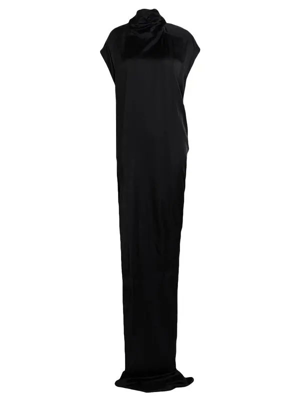 Rick Owens Satin Gown With Turtleneck And Side Slit - Black