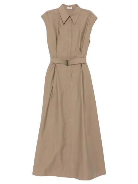 Brunello Cucinelli Sleeveless Midi Dress With Belted Waist - Light Brown