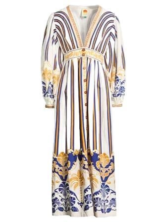 Farm Rio Bohemian Dress With Puffed Sleeves And Deep Neckline - White
