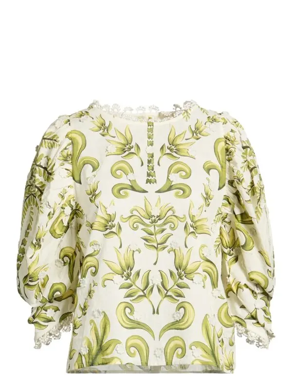 Farm Rio Floral Print Three-quarter Sleeve Top - White