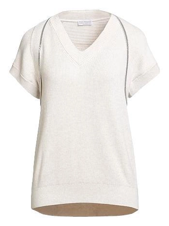 Brunello Cucinelli Mid-length V-neck Short Sleeve Knit Top - Ivory White