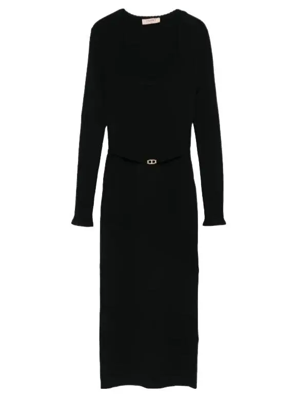 TWINSET Ribbed Knit Belted Midi Dress - Black