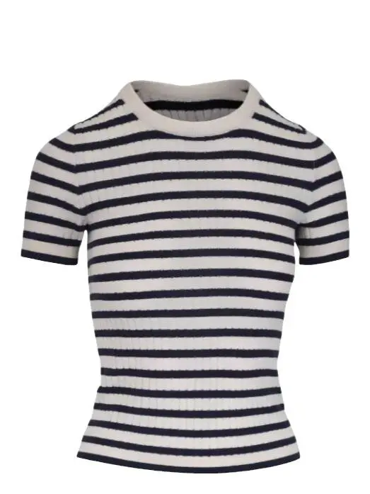 NILI LOTAN Striped Ribbed Knit Short Sleeve Top - White