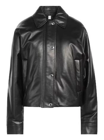 Burberry Minimalist Leather Jacket With Classic Collar And Embroidered Logo - Black