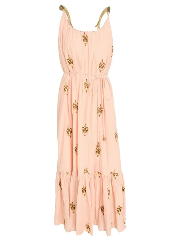 Farm Rio Sleeveless Embroidered Maxi Dress With Belted Waist - Nude