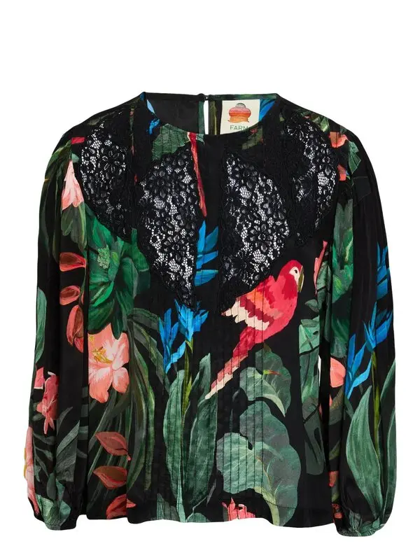 Farm Rio Floral Print Satin Lace Long Sleeve Crewneck Top - Black