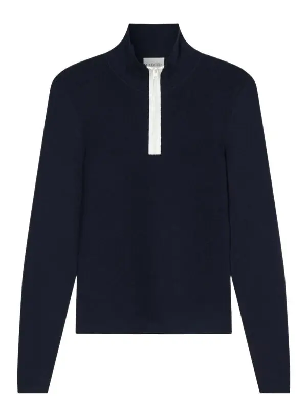 Closed Ribbed Knit Half-zip Long Sleeve Sweater - Dark Blue