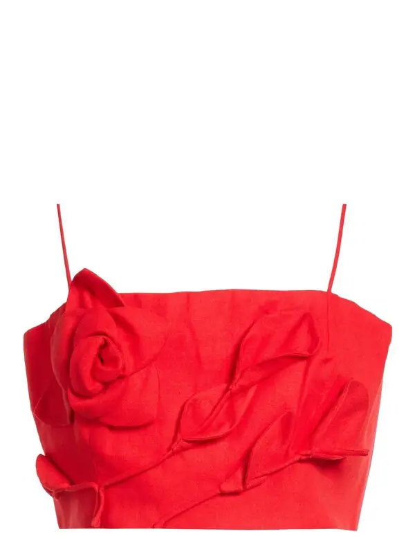 Farm Rio Sleeveless Cropped Top With Flower Embellishments - Red