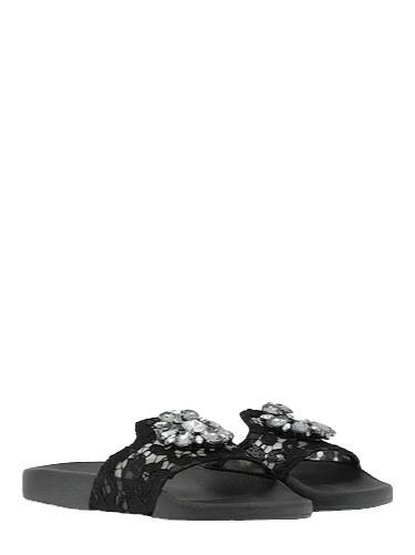 Dolce & Gabbana Two-tone Lace Slides With Crystal Embellishments - Black