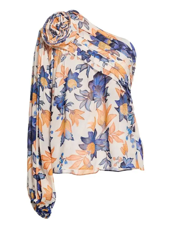 Farm Rio One-shoulder Floral Appliqué Blouse - Blue