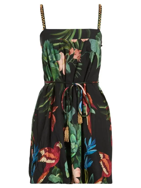 Farm Rio Sleeveless Floral Print Mini Dress With Beaded Details - Green