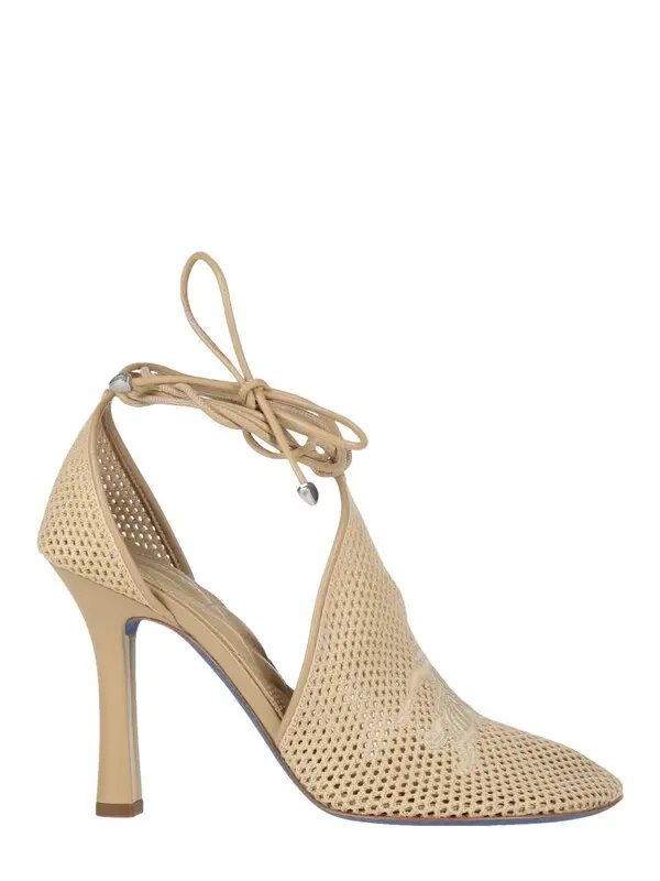Burberry Mesh Leather High Heels With Embroidered Logo And Tie Fastening - Beige
