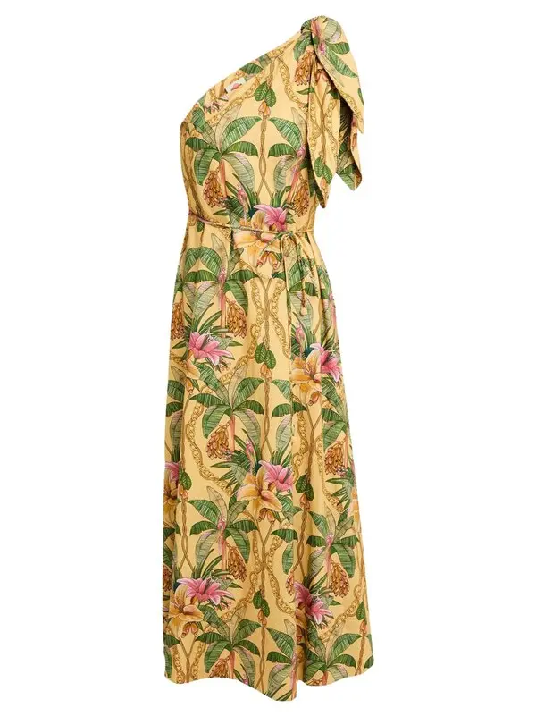 Farm Rio One-shoulder Hawaiian Print Belted Midi Dress - Yellow