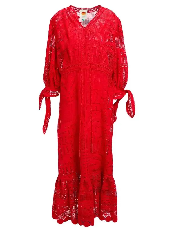 Farm Rio Long Sleeve V-neck Lace Maxi Dress With Belt - Red