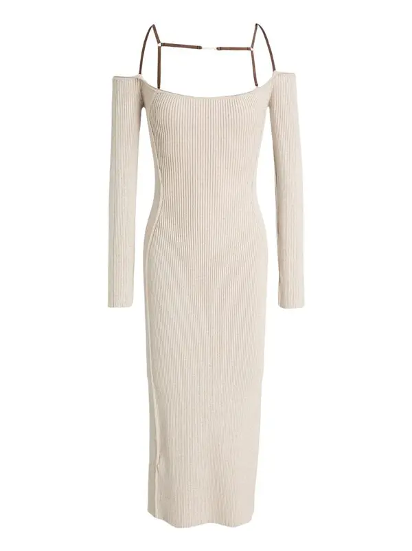 Jacquemus Ribbed Knit Cut-out Shoulder Dress - Beige