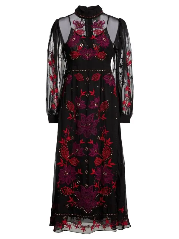 Farm Rio Embroidered Floral Maxi Dress With Metallic Accents - Black