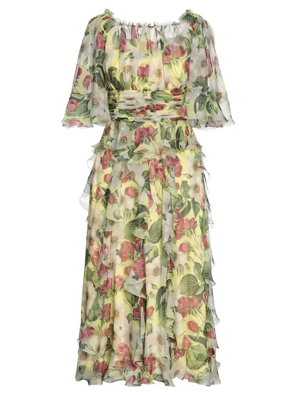 Dolce & Gabbana Floral Print Chiffon Tiered Midi Dress - Green