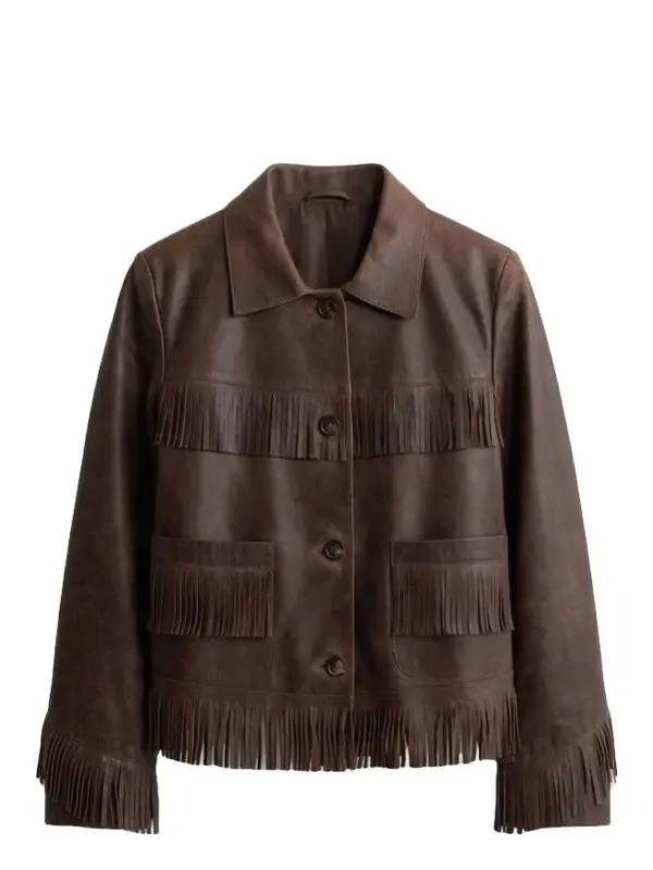 NILI LOTAN Fringed Patch-pocket Leather Jacket - Dark Brown