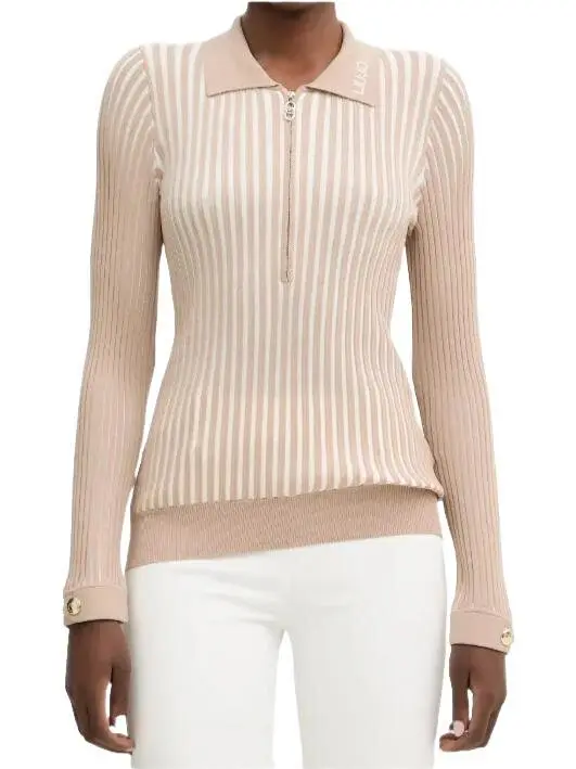 Liu Jo Ribbed Striped Zip-up Polo Top - Beige