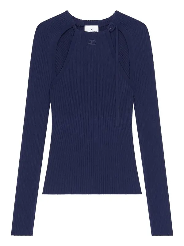 COURREGES Ribbed-knit Cut-out T-shirt With Clasp Detail - Work Blue