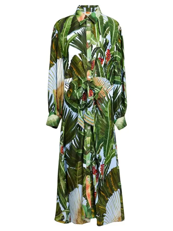 Farm Rio Long Sleeve Floral Printed Shirt Dress - Green