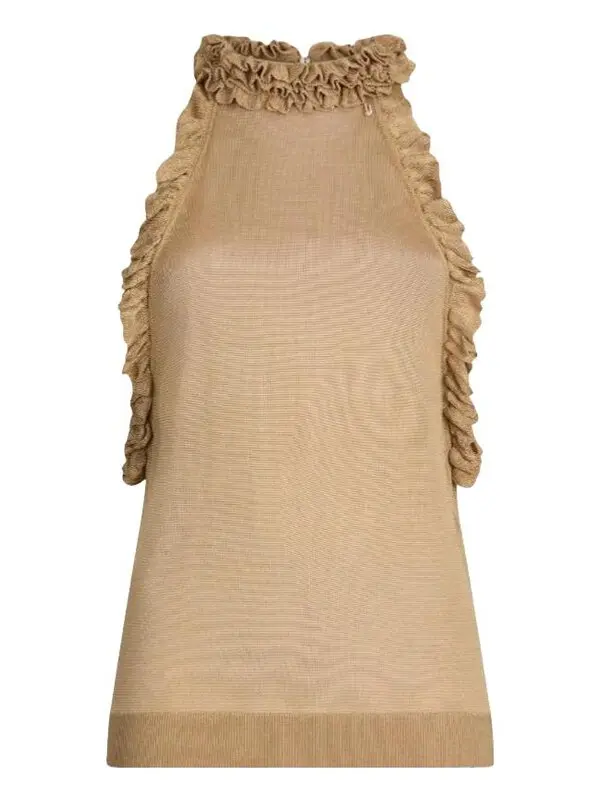 Liu Jo Knit Halter Neck Top With Ruffle Trim - Caramel