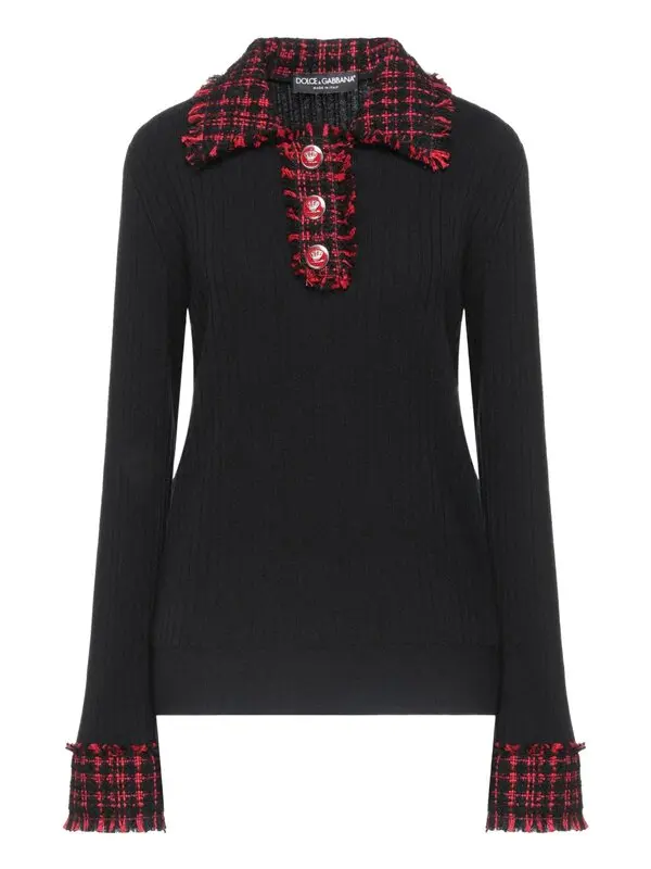 Dolce & Gabbana Two-tone Tweed Trimmed Knit Polo - Black