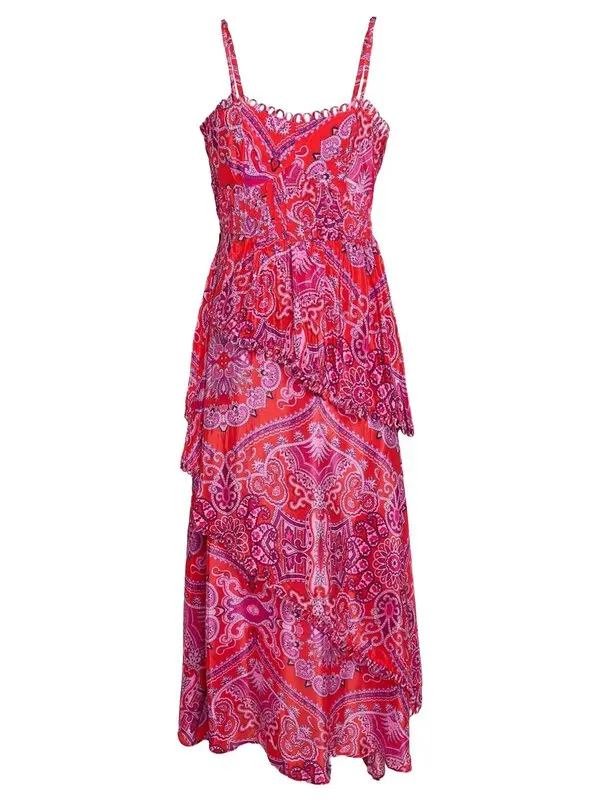 Farm Rio Paisley-print Tiered Square Neck Midi Dress - Red