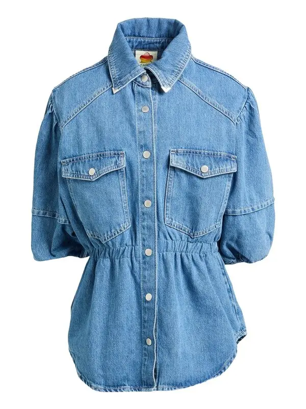 Farm Rio Medium Wash Denim Puff Sleeve Shirt - Blue