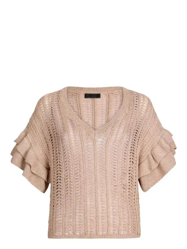 Liu Jo V-neck Knit T-shirt With Ruffled Sleeves - Caramel