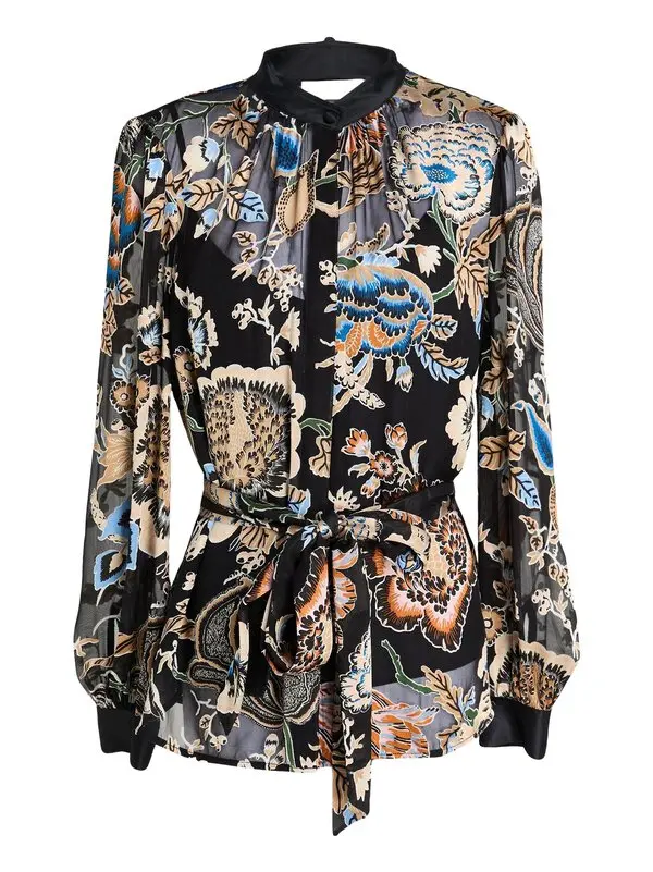 Tory Burch Floral Print Satin Shirt With Mandarin Collar And Belt - Black