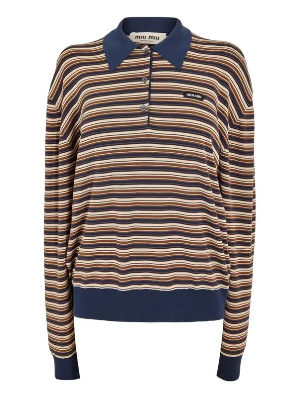 Miu Miu Striped Knit Long Sleeve Polo - No