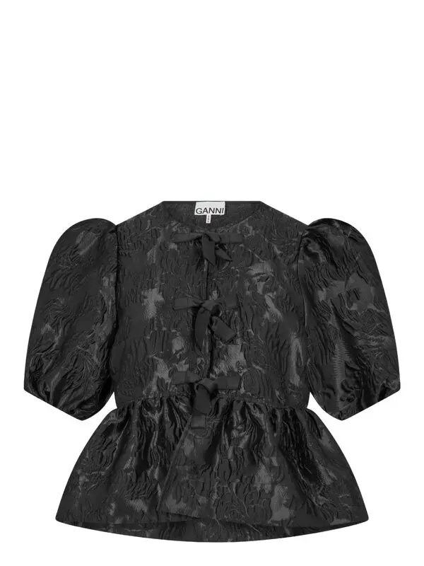 GANNI Textured Puff Sleeve Peplum Top - Black