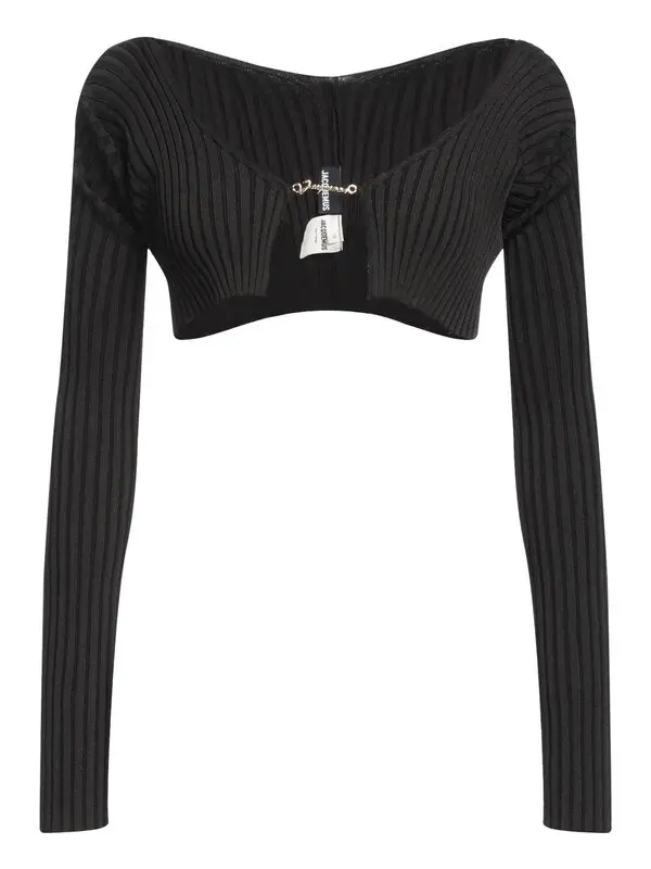 Jacquemus Ribbed Cropped Cardigan With Appliqué Detail - Black