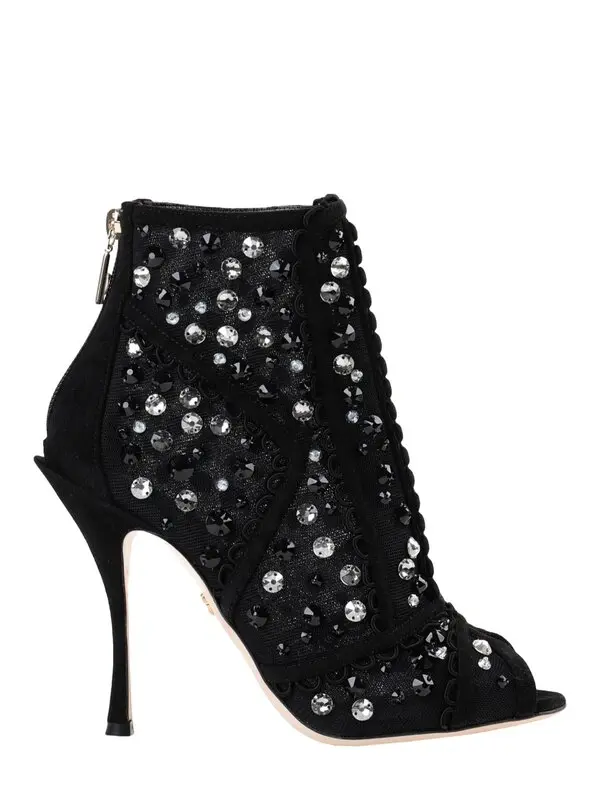 Dolce & Gabbana Embellished Peep-toe Ankle Boots - Black
