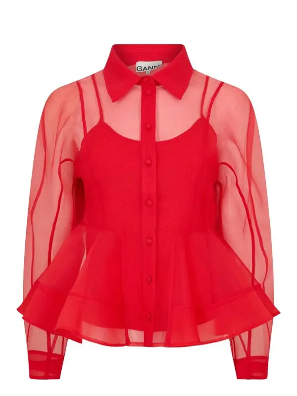 GANNI Peplum Blouse With Sheer Sleeves - Red