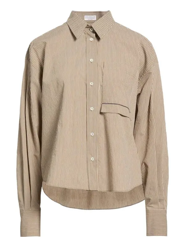 Brunello Cucinelli Striped Cotton Poplin Long Sleeve Shirt - Khaki