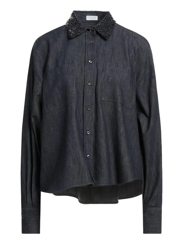Brunello Cucinelli Sequined Embellished Denim Shirt Jacket - Blue