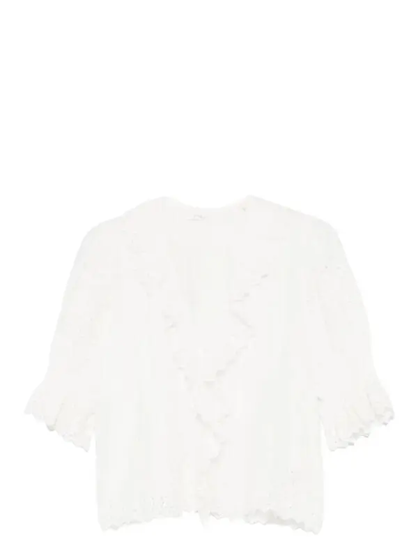 DÔEN Henri Blouse Embroidered V-neck With Ruffle Trim - White