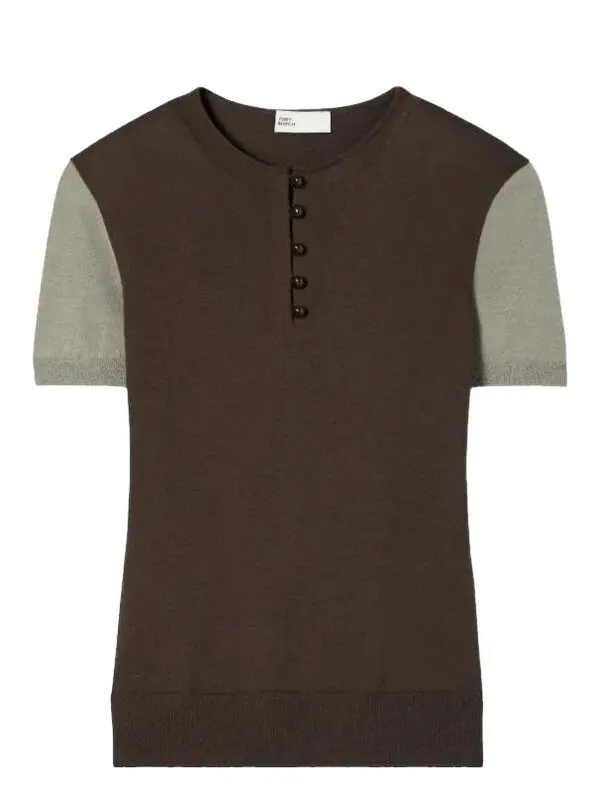 Tory Burch Buttoned Henley Knit T-shirt - Black