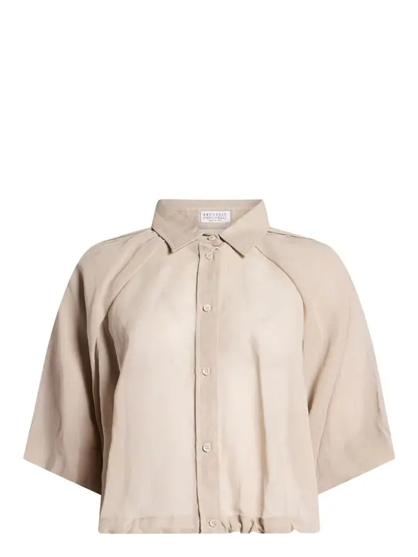 Brunello Cucinelli Plain Gauze Cropped Shirt With Appliqué And Beads - Nude