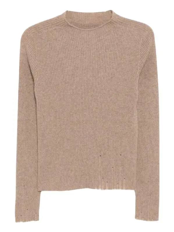 UMA WANG Long-sleeved Crew Neck Cashmere Sweater With Distressed Details - Tan