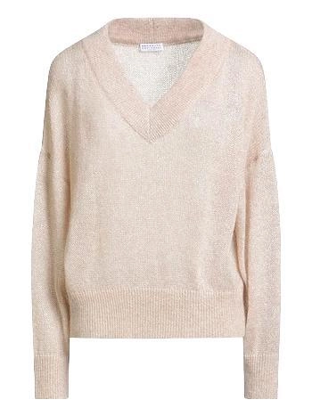 Brunello Cucinelli V-neck Lightweight Metallic Knit Sweater - Sand