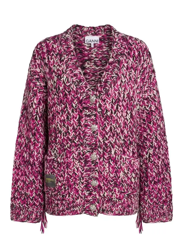 GANNI Multicolor Heavy Knit Cardigan With Crystal Embellishments - Red