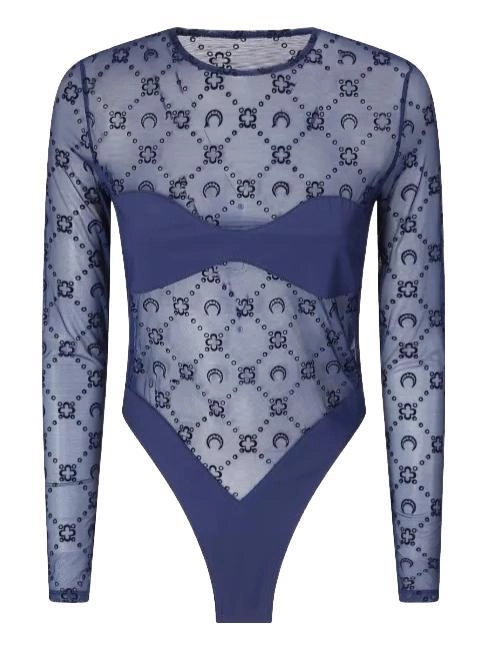 MARINE SERRE Moonogram Flock-print Mesh Bodysuit - Blue