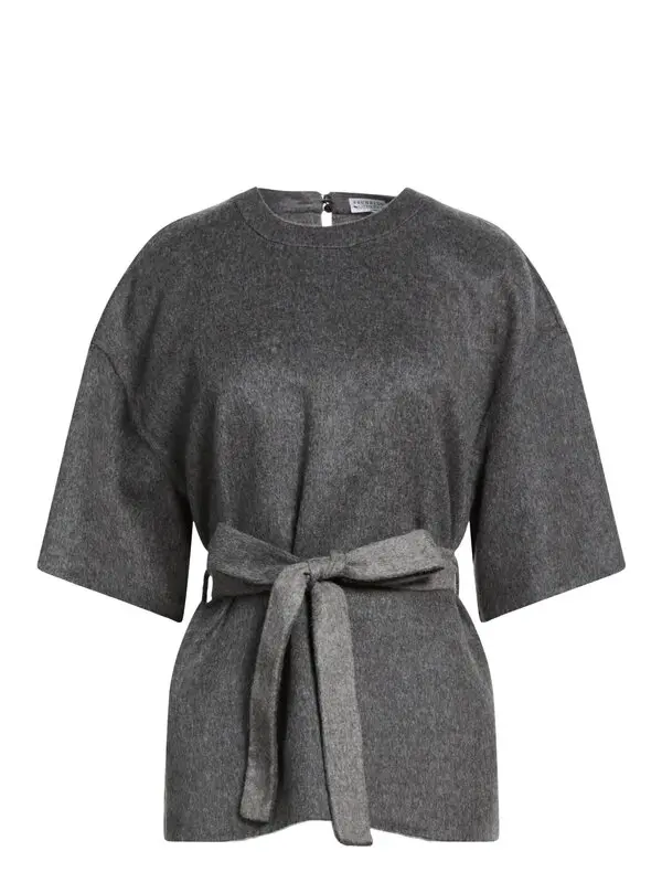 Brunello Cucinelli Wool Crewneck Short Sleeve Belted Top - Black