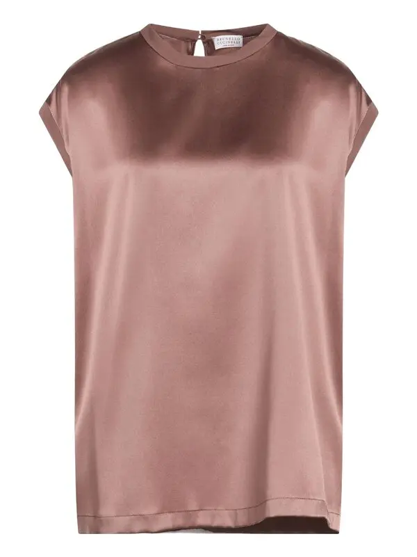 Brunello Cucinelli Cap Sleeve Satin Crepe Top - Brown